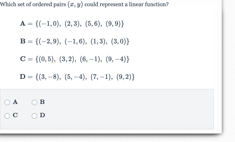 (Solved)-Which set of ordered pairs (x,y) could represent a linear f